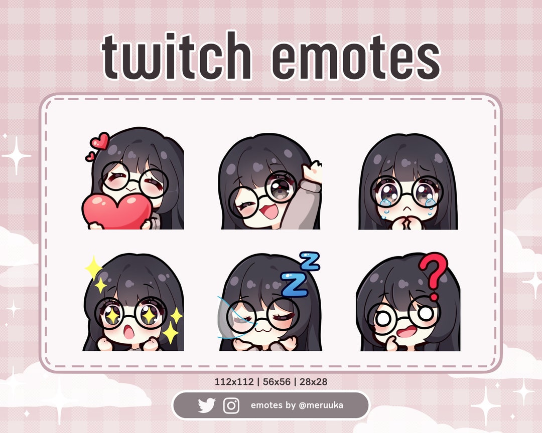 Twitch Emotes / Linda Chica Chibi / Cabello Negro con Flequillo y Gafas ...