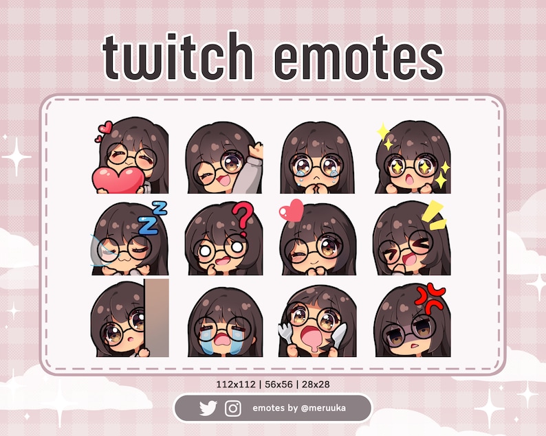 Twitch Emotes / Cute Chibi Girl / Brown Hair With Bangs and Glasses ...