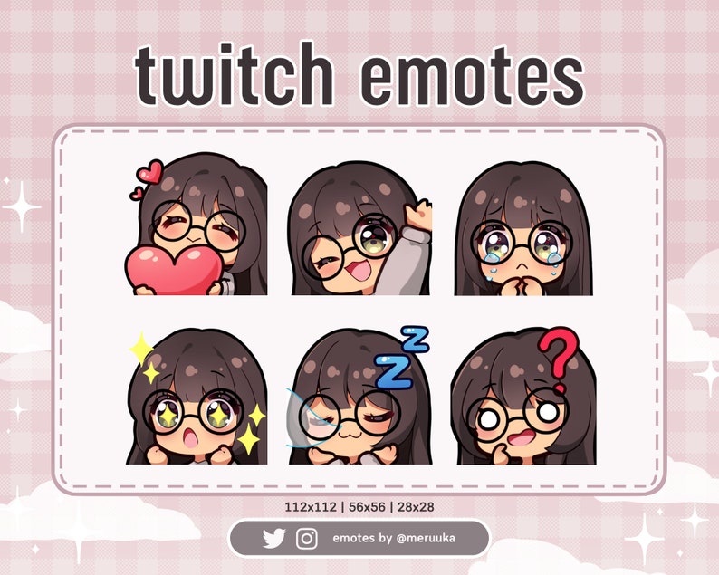 Twitch Emotes / Cute Chibi Girl / Brown Hair With Bangs and Glasses ...