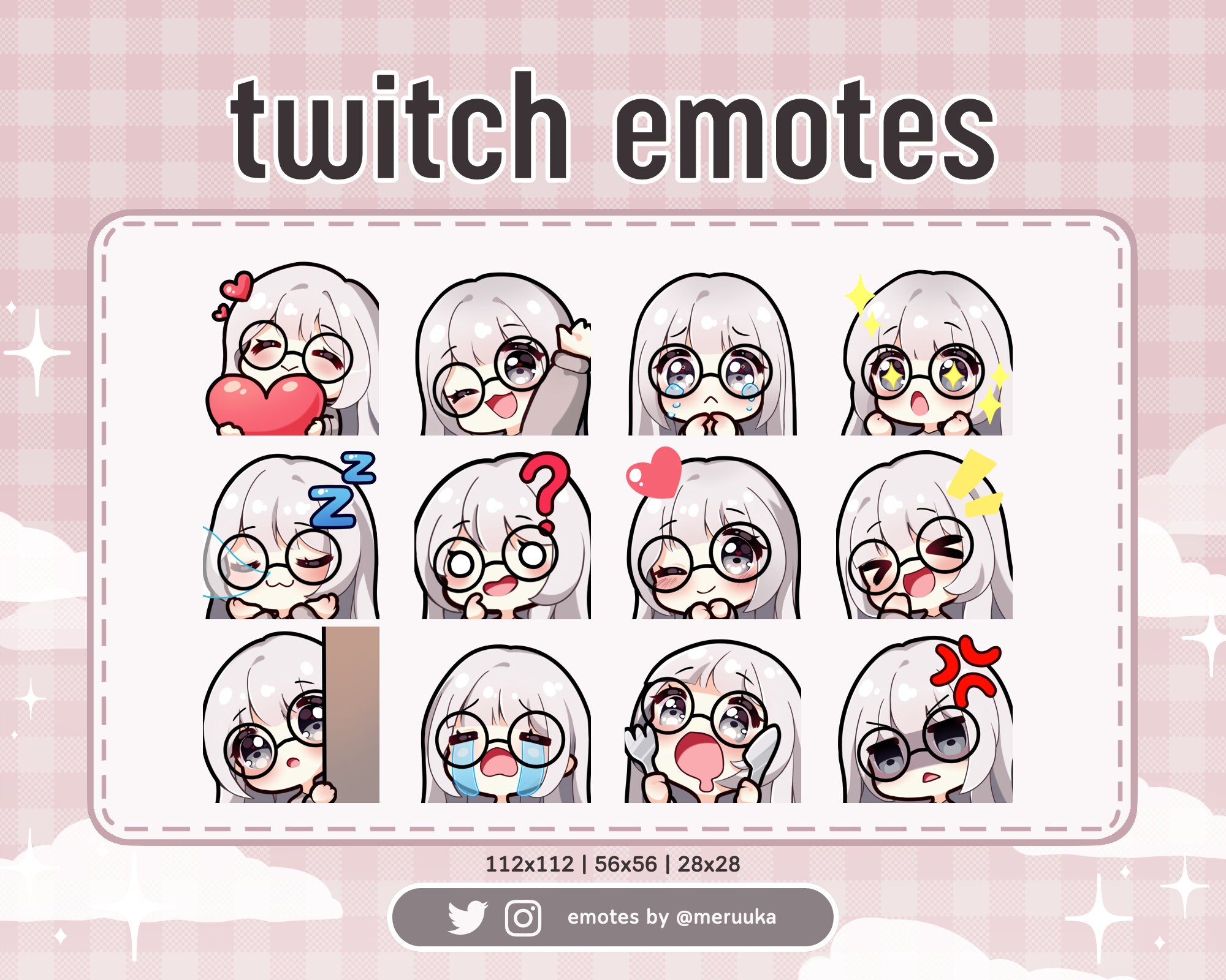 Twitch Emotes / Cute Chibi Girl / Silver Hair With Bangs and Glasses ...