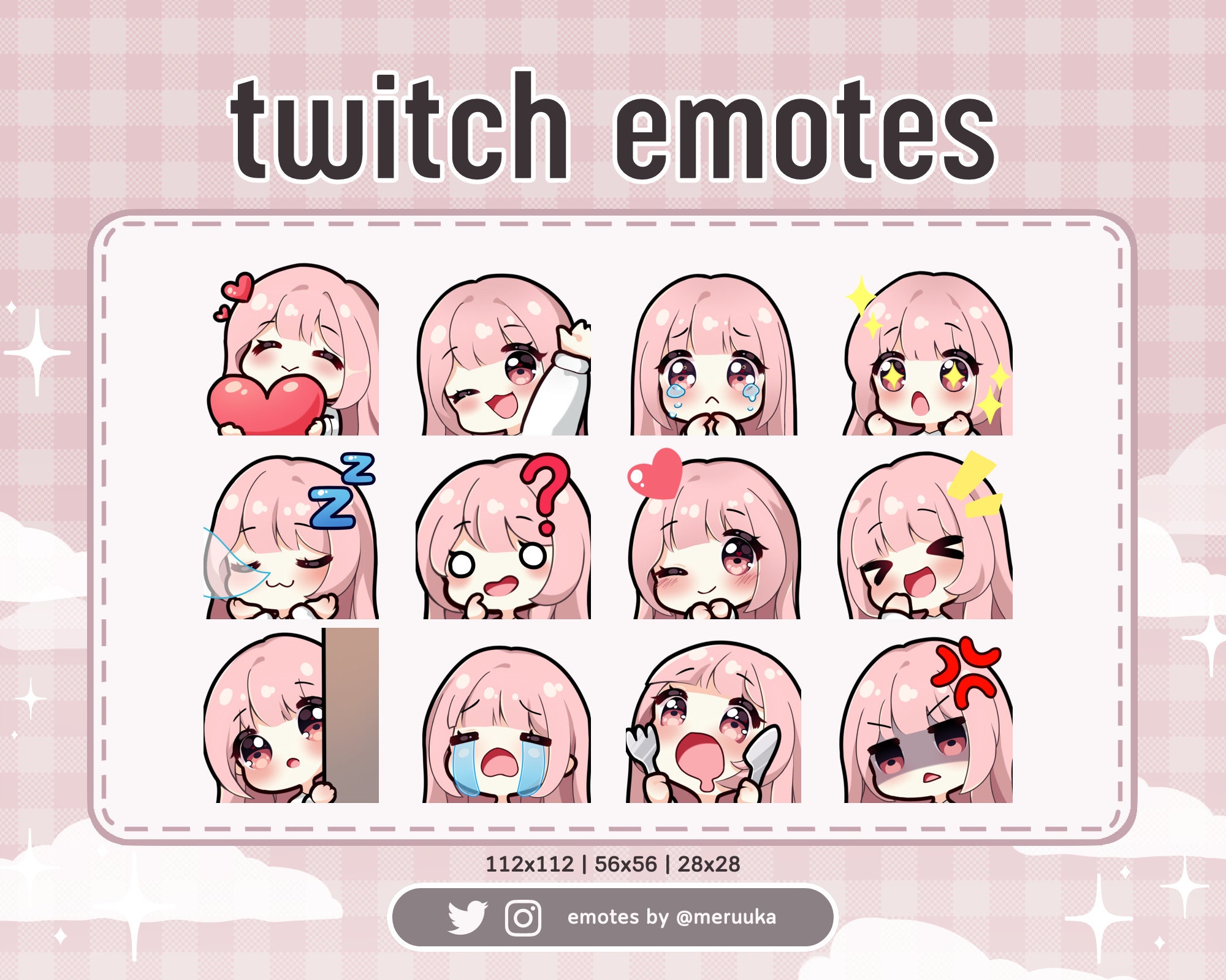 Twitch Emotes / Cute Chibi Girl / Light Pink Hair With Bangs / Pink ...