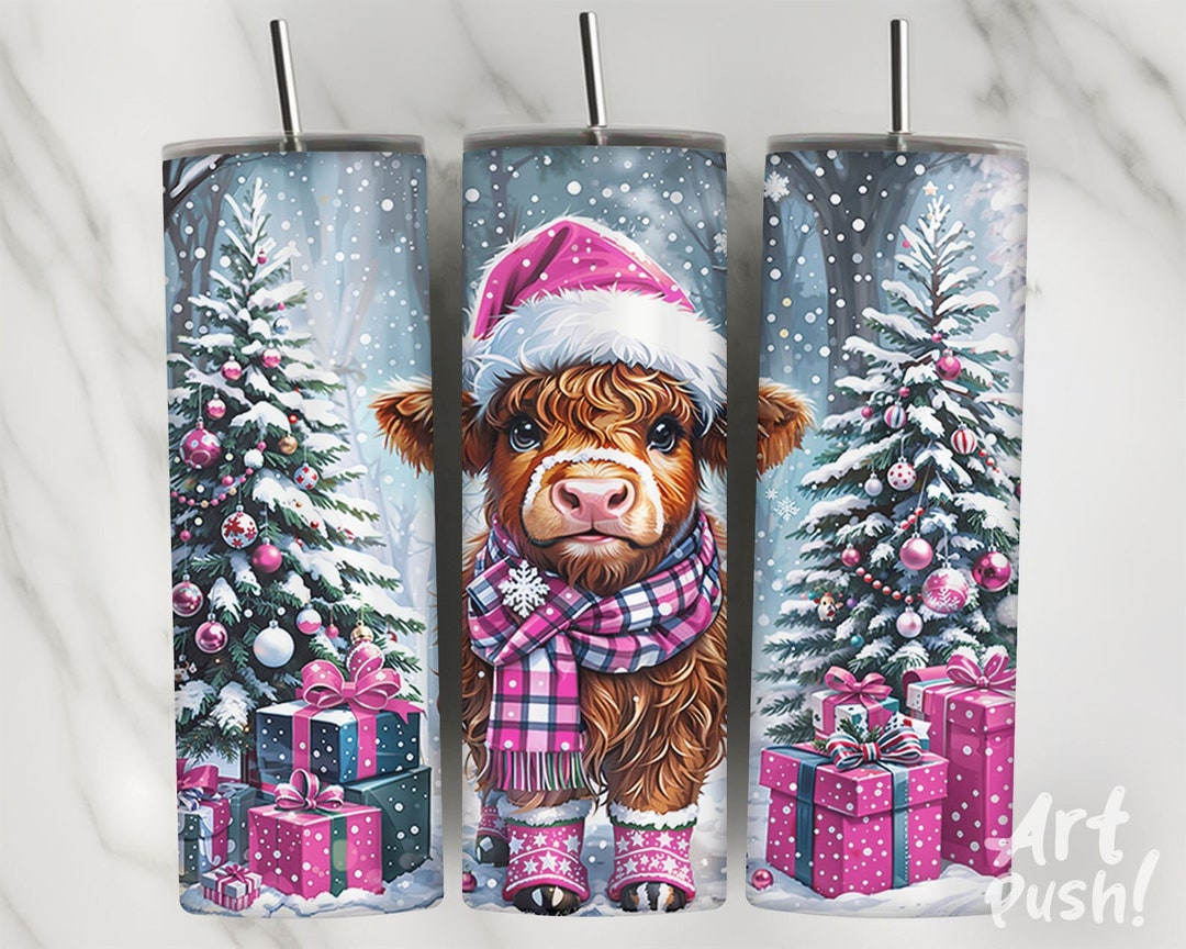 Cute Pink Christmas Highlander Cow, 20oz Skinny Tumbler Wrap, Straight ...