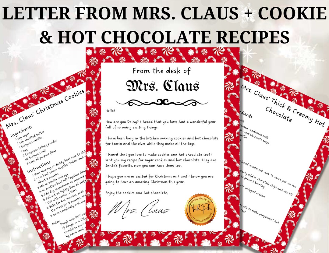Letter From Mrs Claus, A4 Size, Sugar Cookie Recipe, Hot Chocolate ...