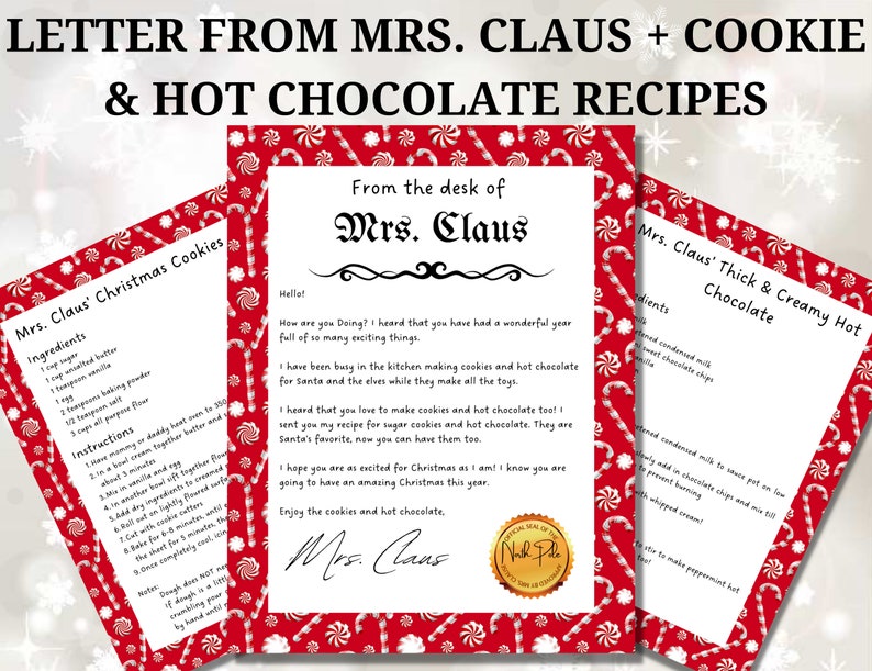 Letter From Mrs Claus, A4 Size, Sugar Cookie Recipe, Hot Chocolate ...