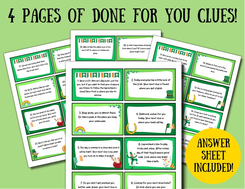 Indoor St Patricks Day Scavenger Hunt Game, Treasure Hunt Clues ...