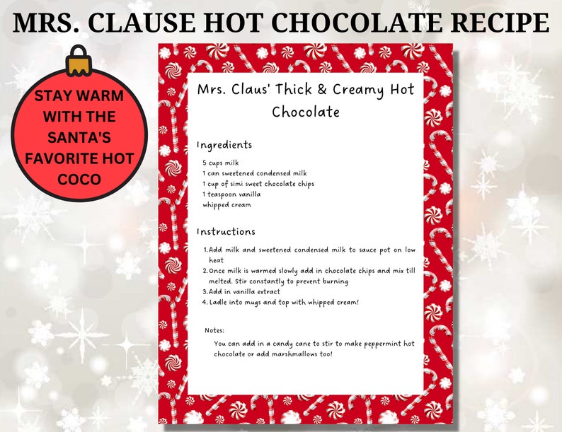 Letter From Mrs Claus, A4 Size, Sugar Cookie Recipe, Hot Chocolate ...