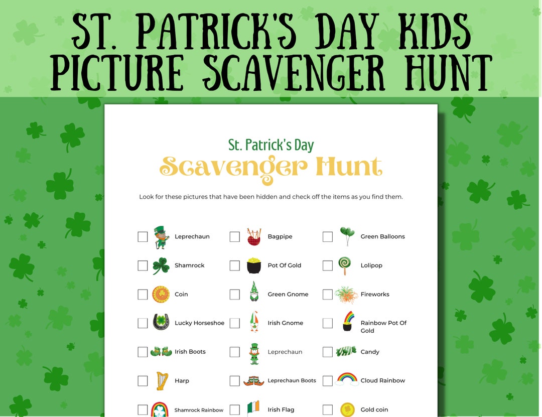 Indoor St Patricks Day Scavenger Hunt Game, Treasure Hunt Clues ...