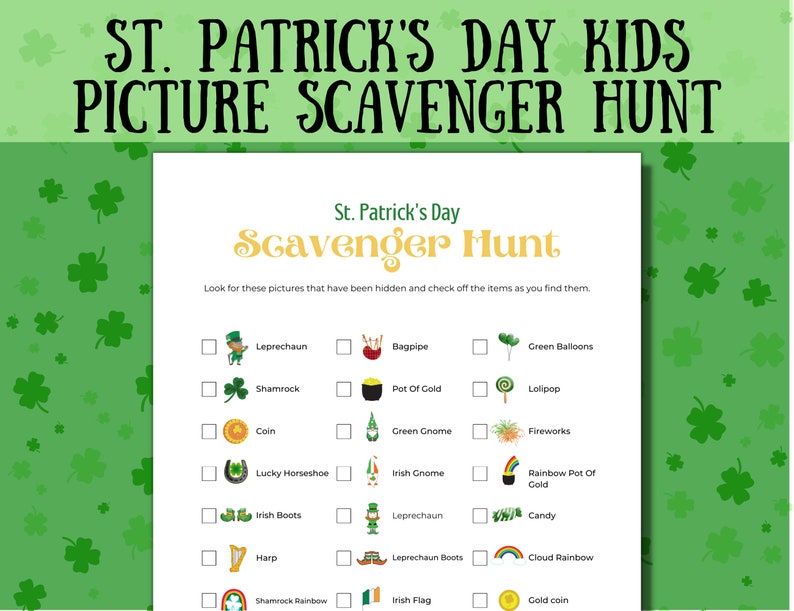 Indoor St Patricks Day Scavenger Hunt Game, Treasure Hunt Clues ...