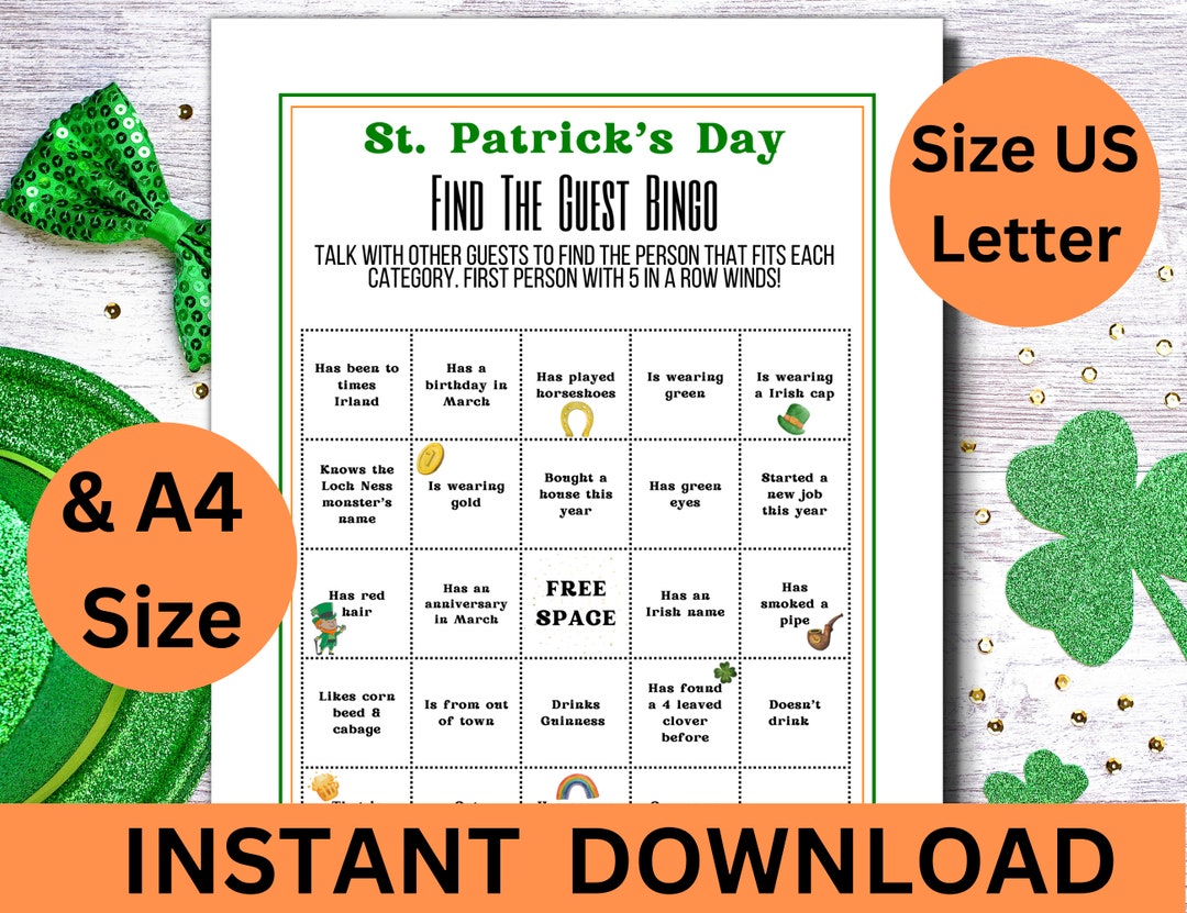 Find the Guest Bingo, St Patricks Day Bingo Cards, Printable Bingo ...