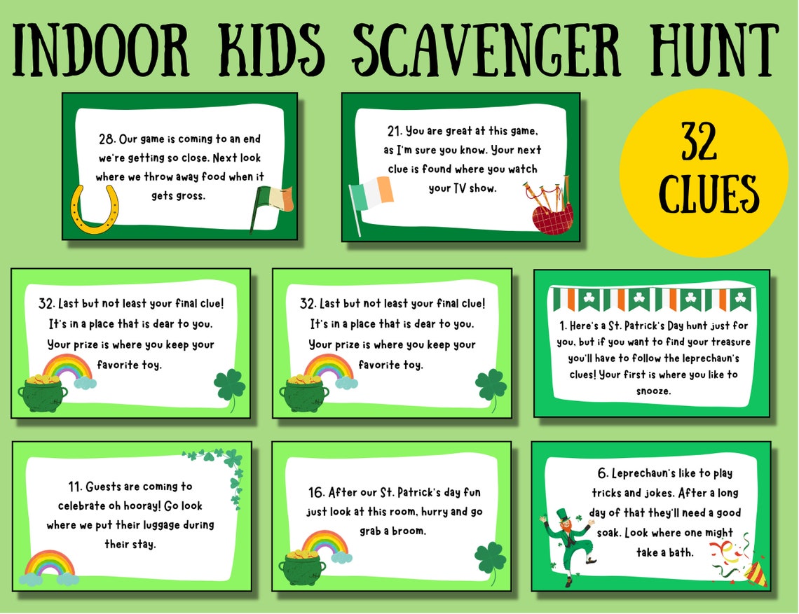 Indoor St Patricks Day Scavenger Hunt Game, Treasure Hunt Clues ...