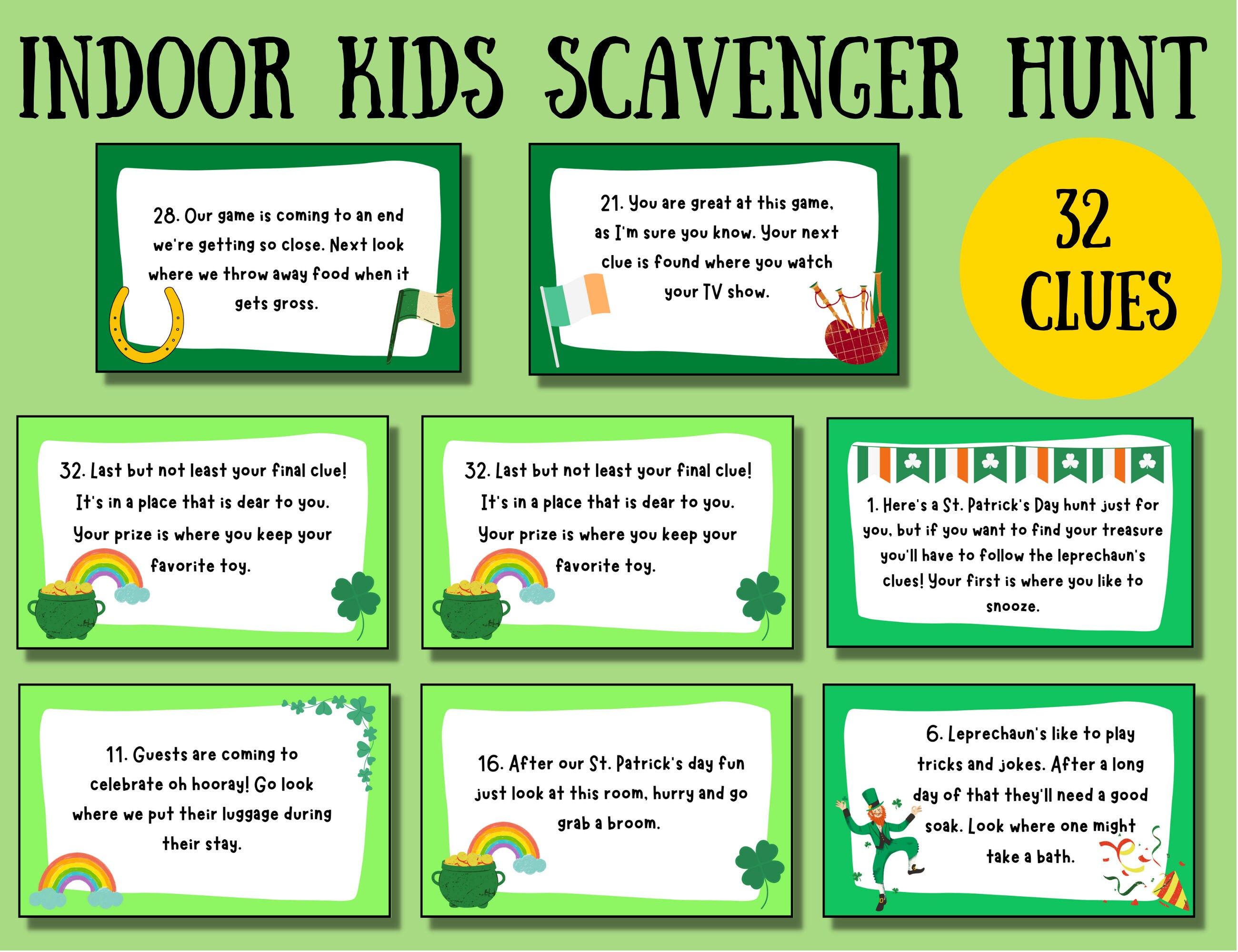 Indoor St Patricks Day Scavenger Hunt Game, Treasure Hunt Clues ...