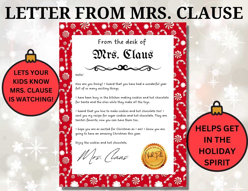 Letter From Mrs Claus, A4 Size, Sugar Cookie Recipe, Hot Chocolate ...