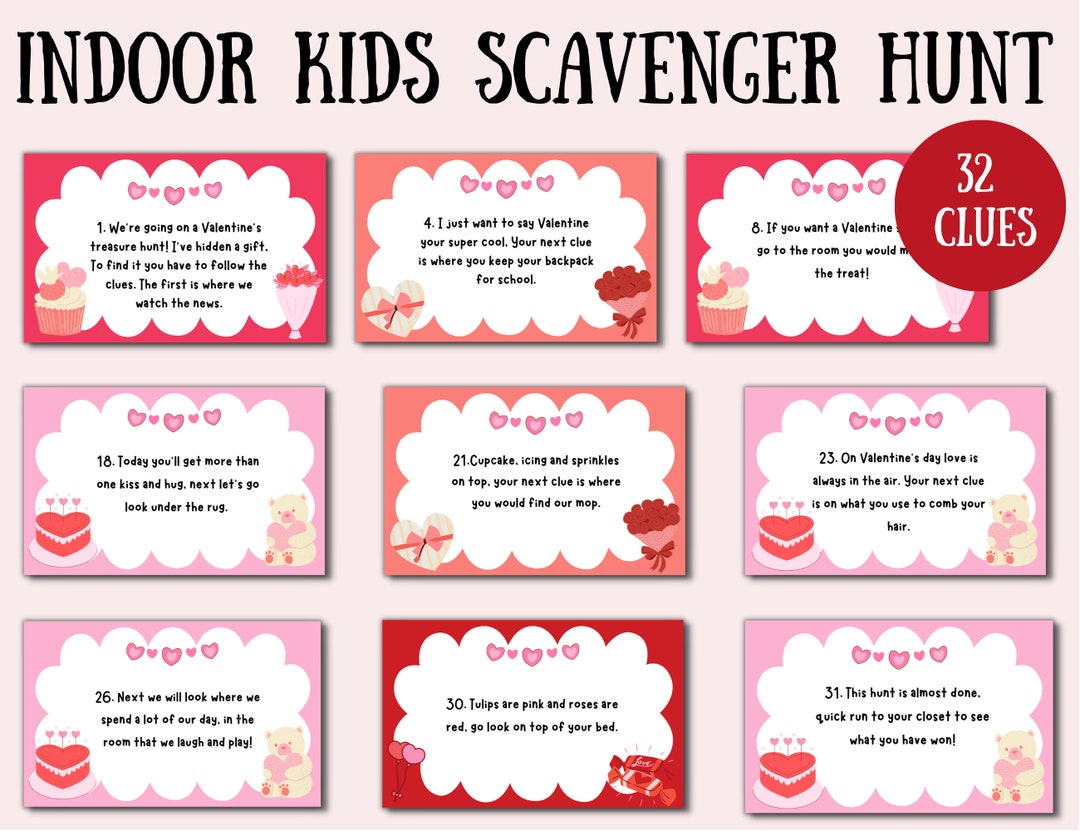 Indoor Valentines Scavenger Hunt Game, Valentine Treasure Hunt Clues ...