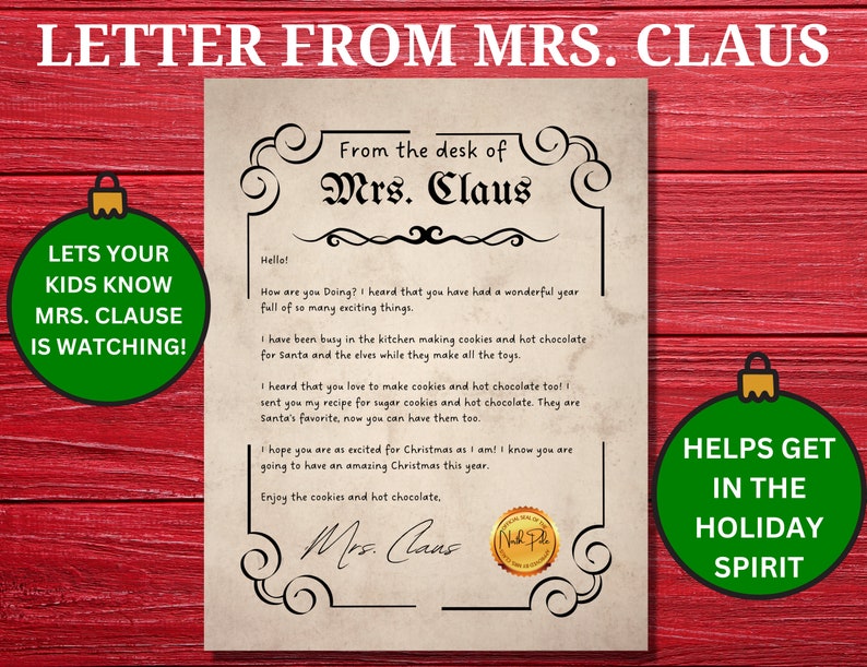 Vintage Letter From Mrs Claus, A4 Size, Sugar Cookie Recipe, Hot Choco ...