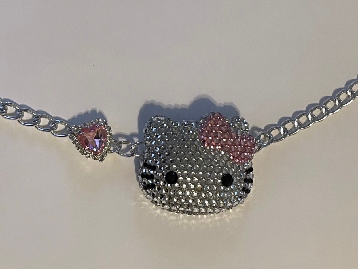Hello Kitty Pink Silver Rhinestone Necklace, Curb Chain Kawaii Girl's ...