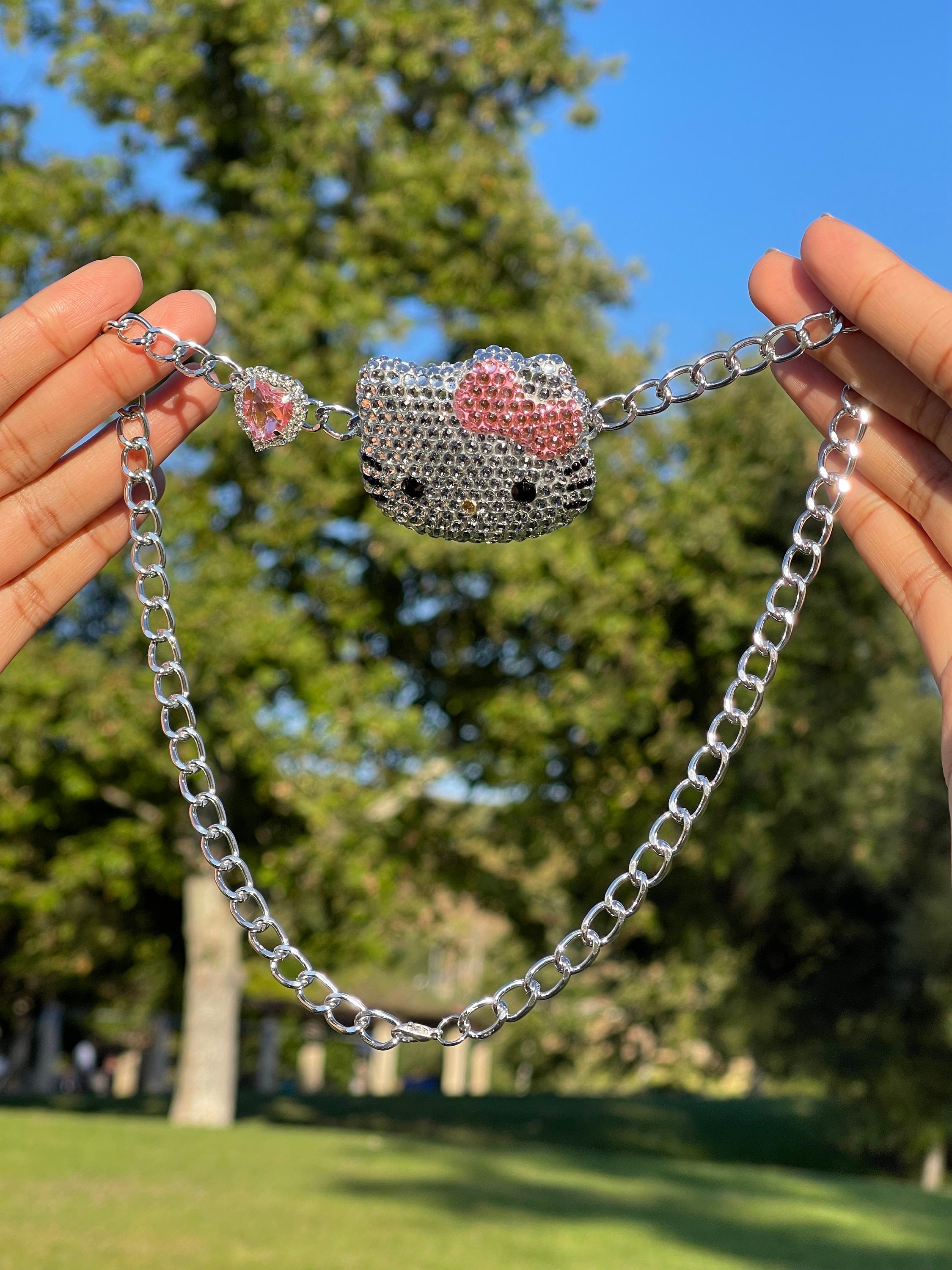 Hello Kitty Pink Silver Rhinestone Necklace, Curb Chain Kawaii Girl's ...