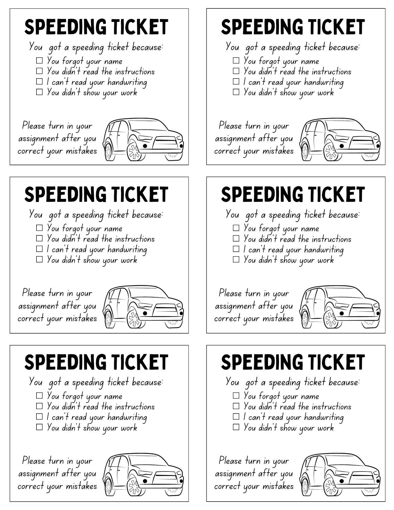 Speeding Tickets for School Work | Digital PDF - Etsy