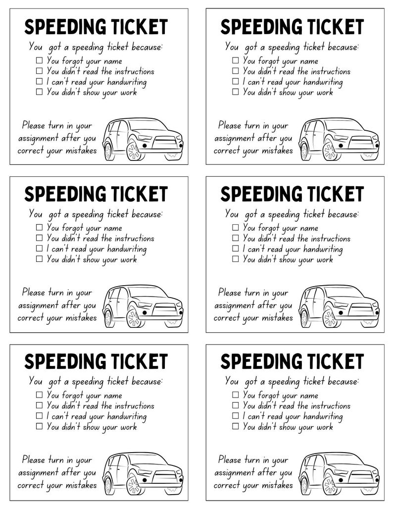 Speeding Tickets for School Work | Digital PDF - Etsy