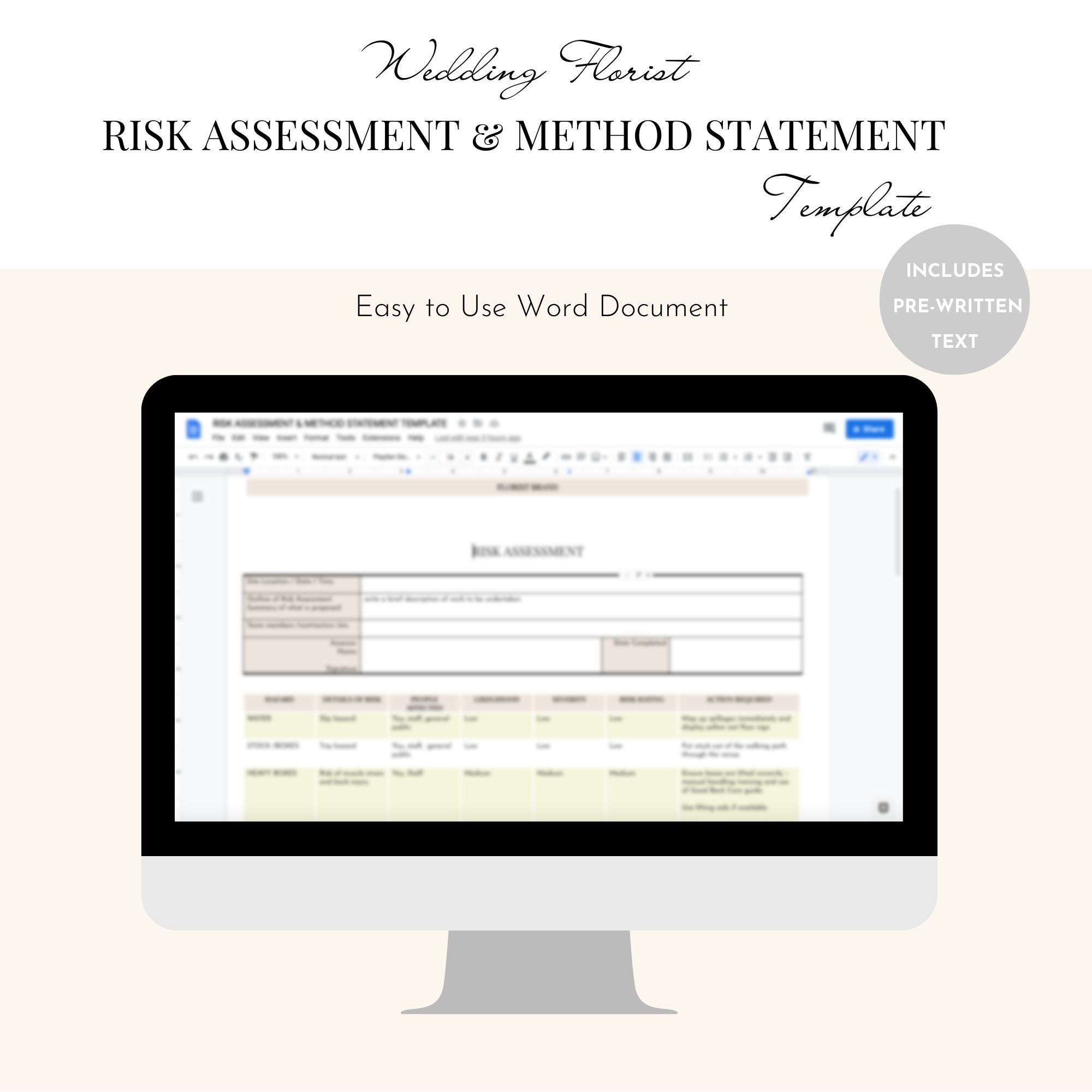 Risk Assessment Template for Wedding Florist Method Statement Templates ...