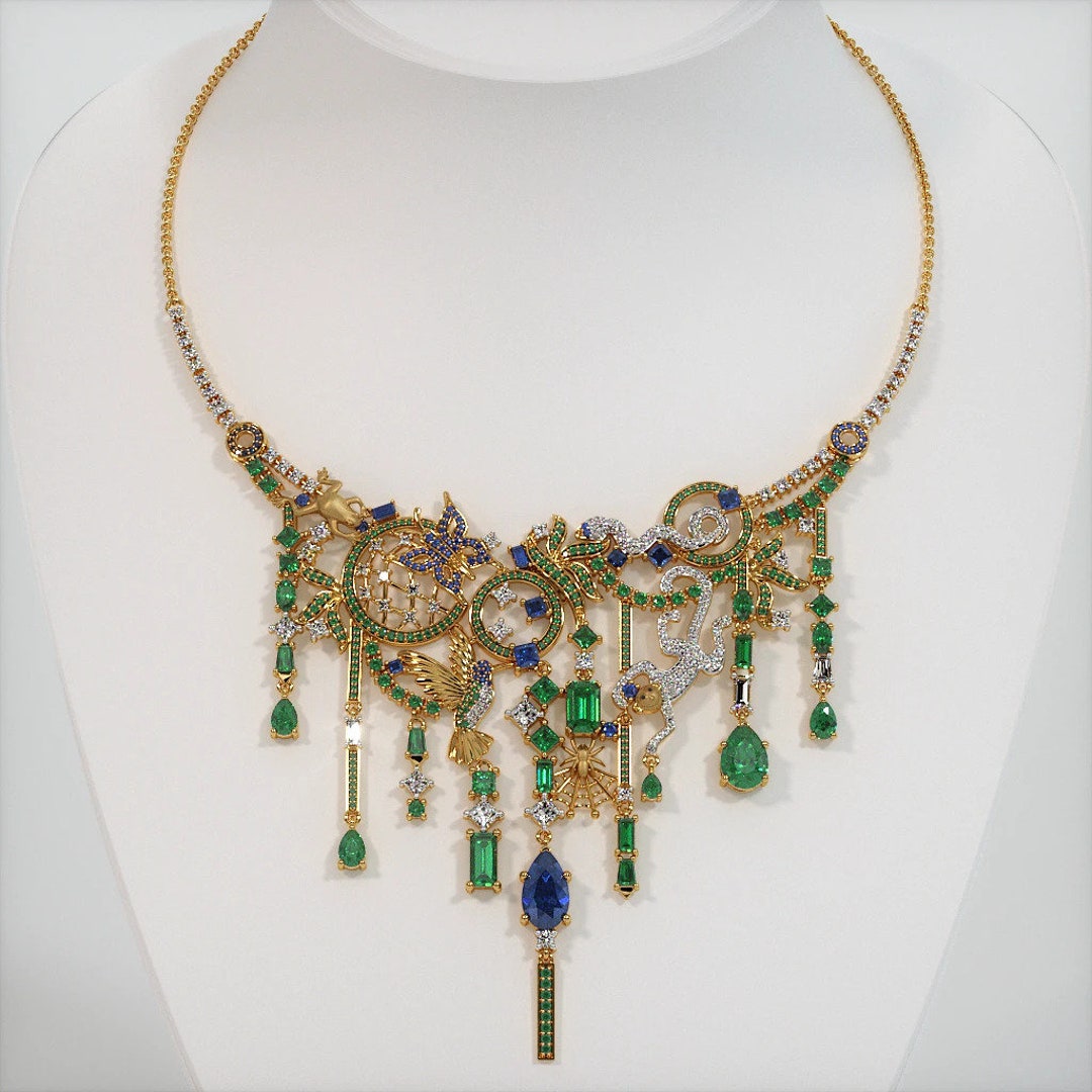 Princess Necklaces Jewelry Natural Handmade 14K Gold Synthetic Emerald ...