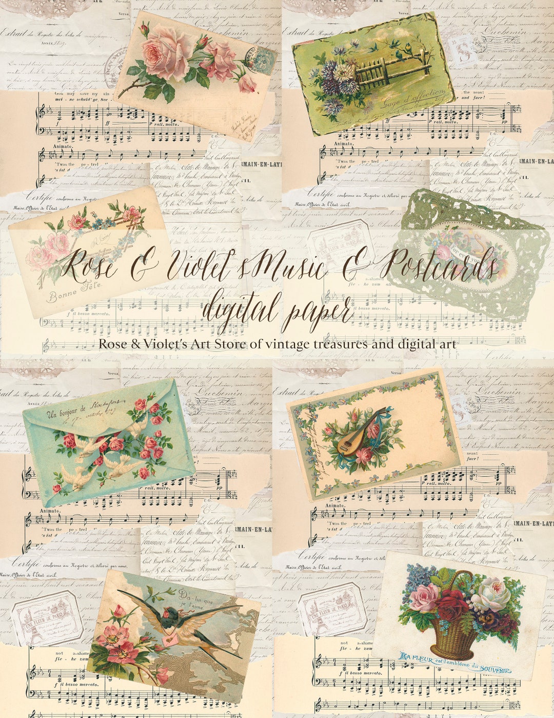 Music & Postcards Digital Paper, Scrapbooking Paper, Card Making, Junk ...