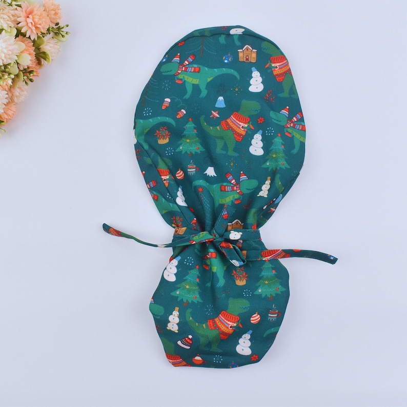 Christmas Dinosaur Ponytail Scrub Cap for Women, Green Dinosaurs Euro ...