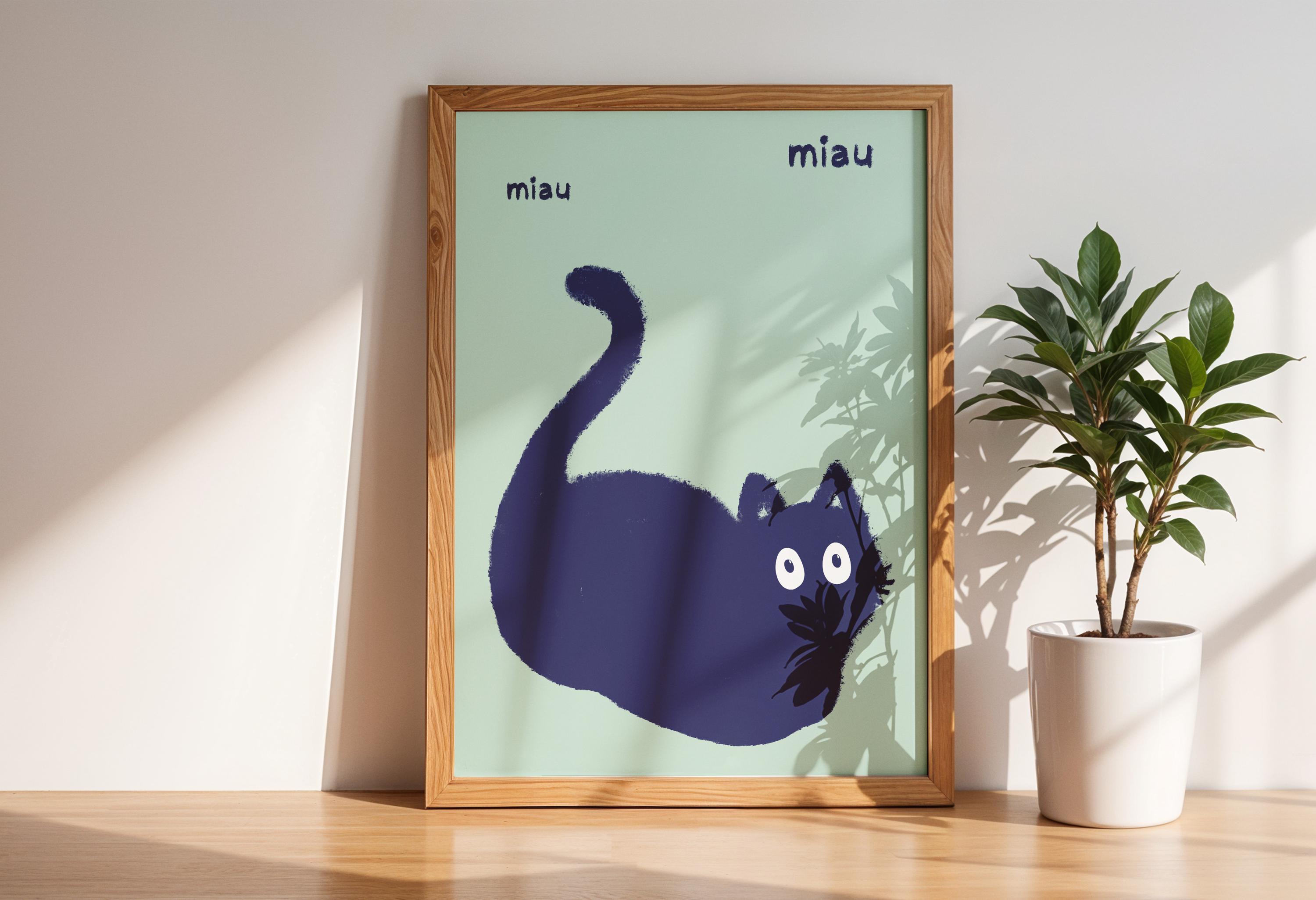 Meow - Playful Cat Art in Minimalist Style A3 Art Print Blue Mint - Etsy