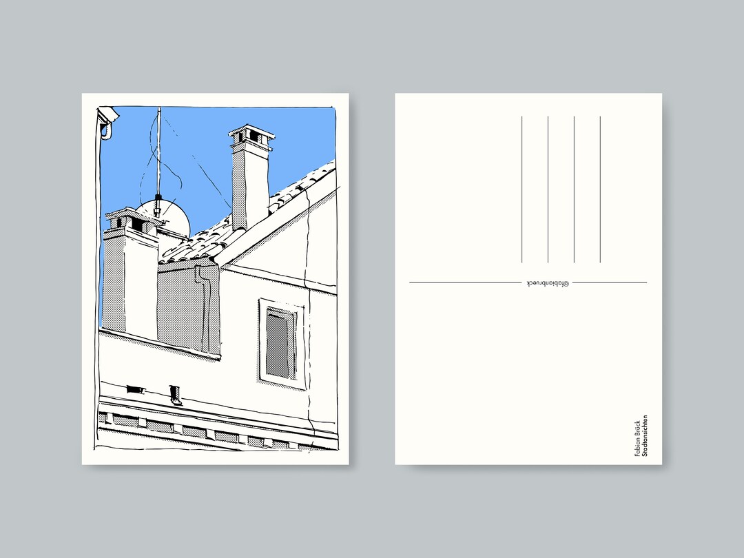 Postcard Venice Mediterranean City House Blue Black Drawing - A6 - Etsy