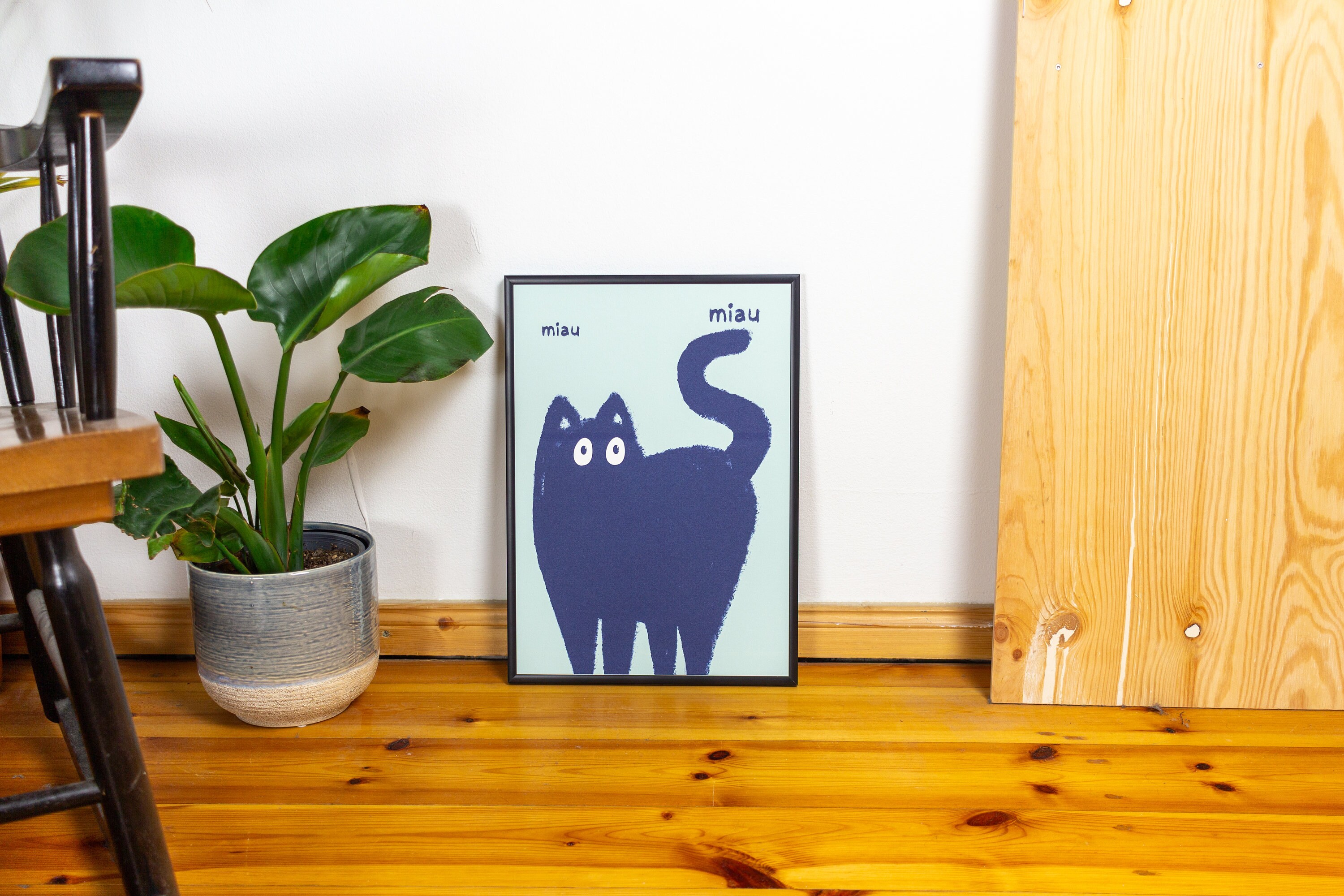Miau - Playful Cat Art in Minimalist Style - Blue Mint A3 200g ...