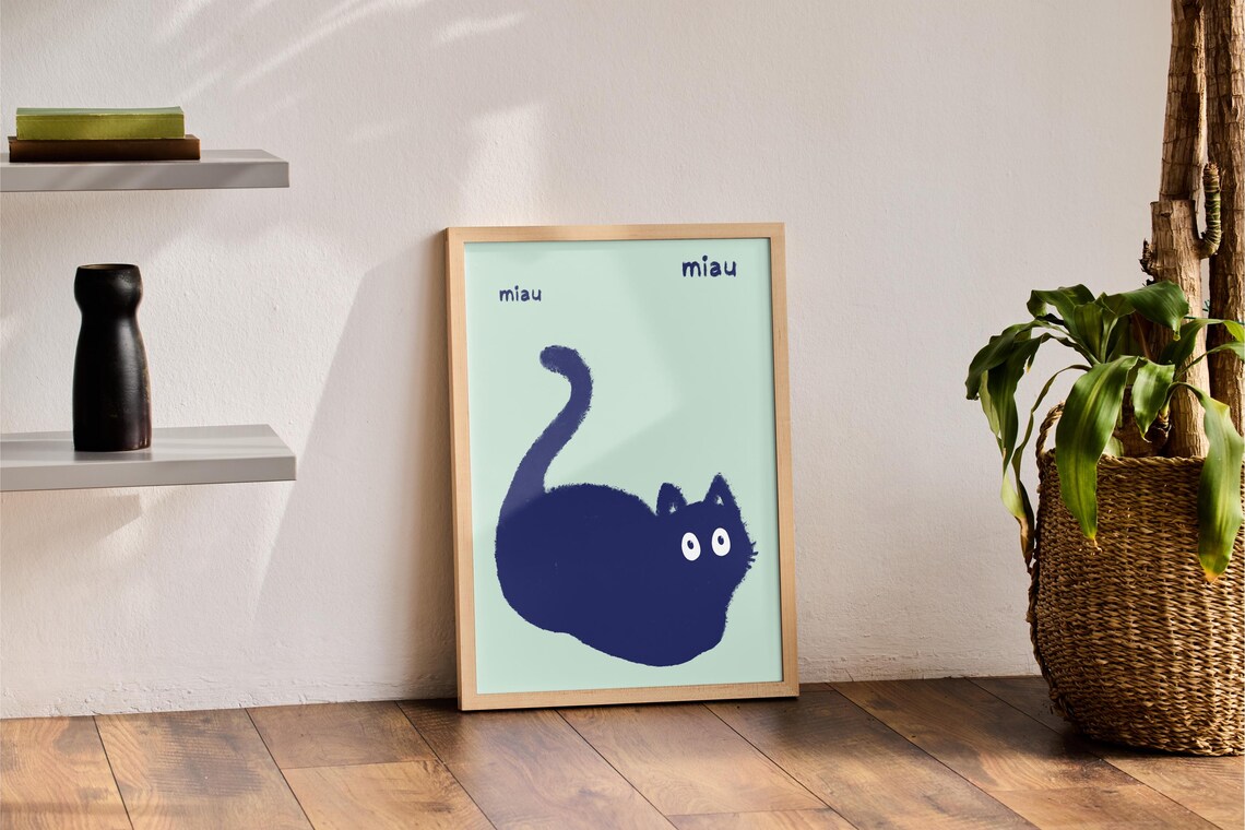Meow - Playful Cat Art in Minimalist Style A3 Art Print Blue Mint - Etsy