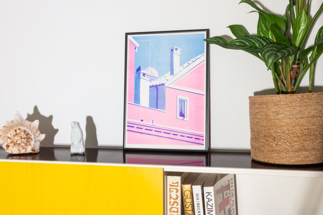 Riso Print A3 Venice Houses Cats Blue Pink - Etsy