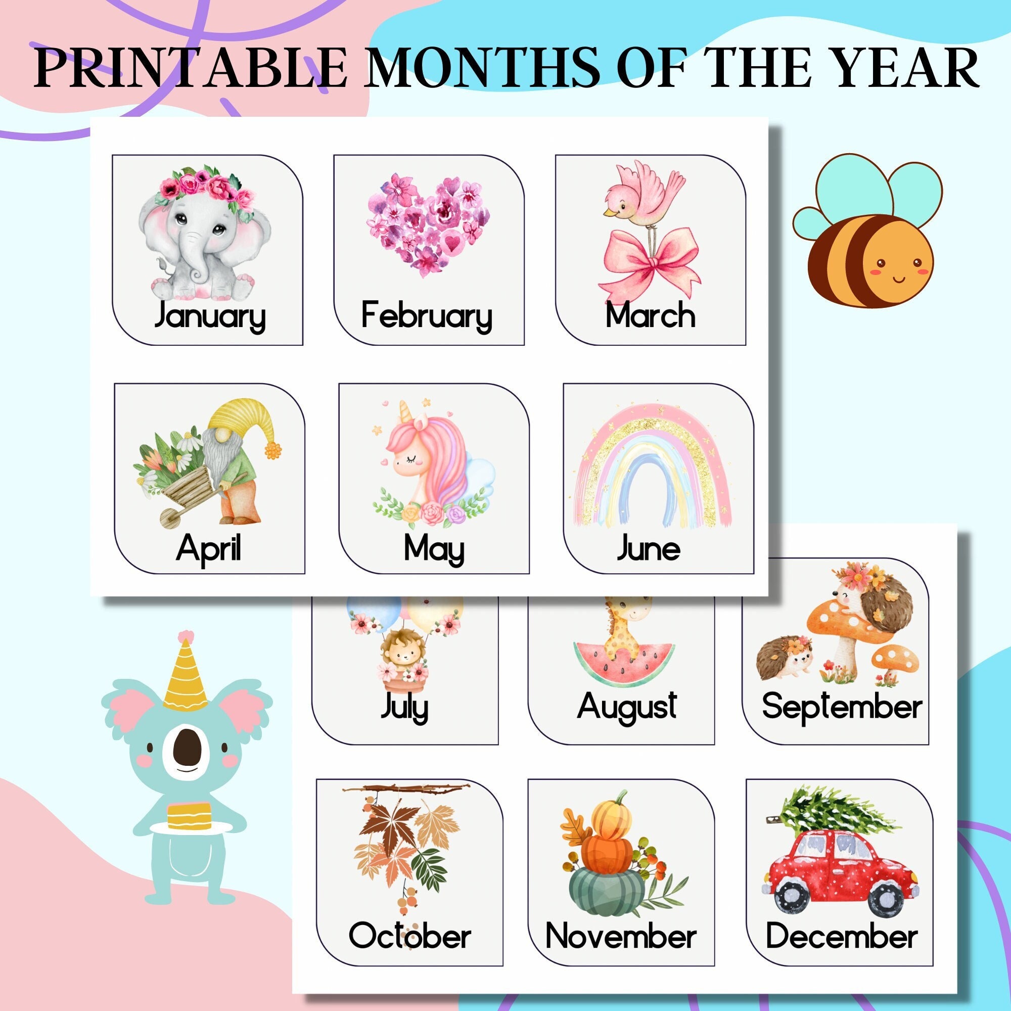 Months of the Year, Printable 12 Months Flash Cards, Kindergarten ...