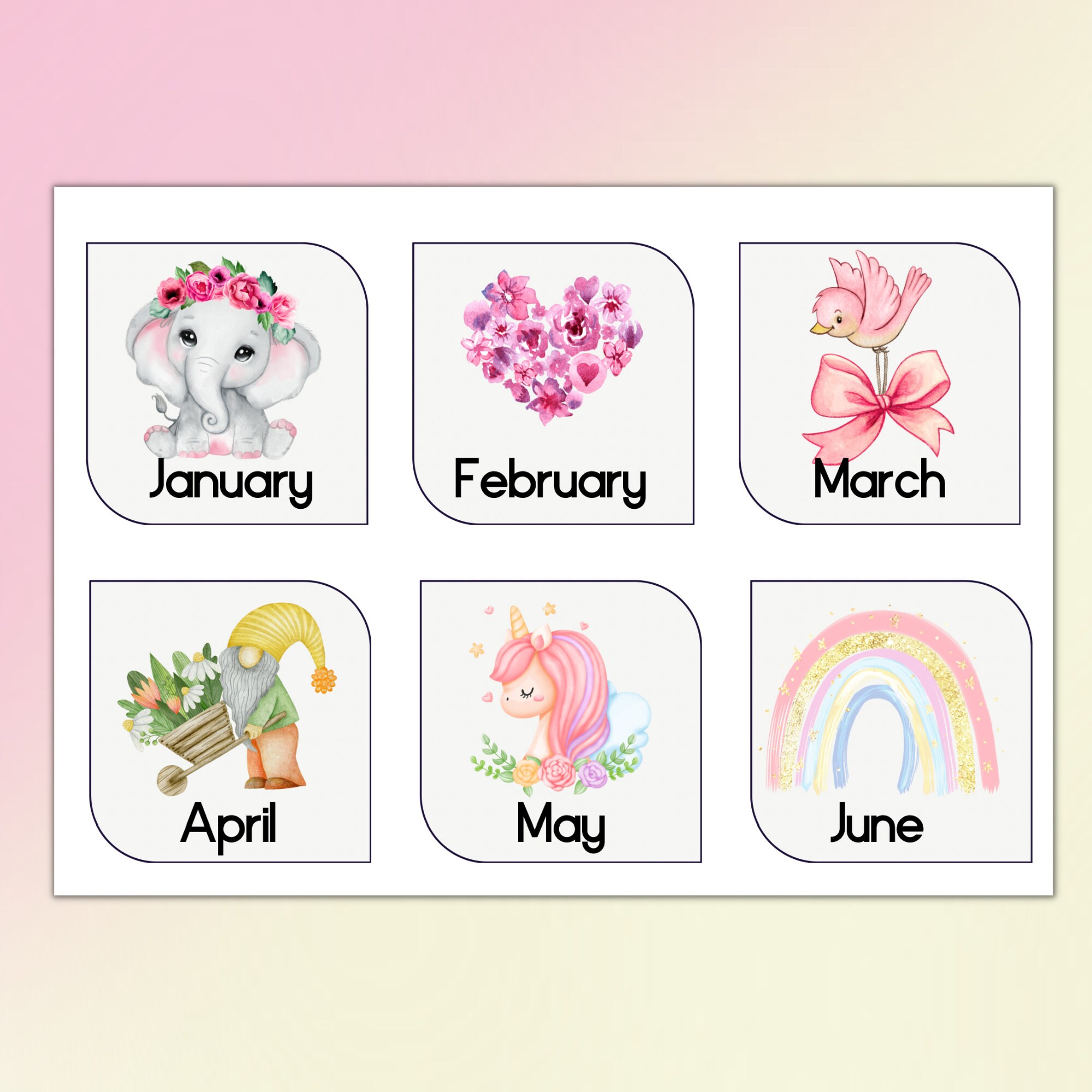 Months of the Year, Printable 12 Months Flash Cards, Kindergarten ...