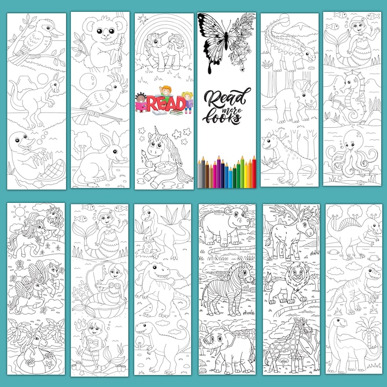 Printable Bookmarks Set of 12, Bookmarks for Kids, Color Your Own ...