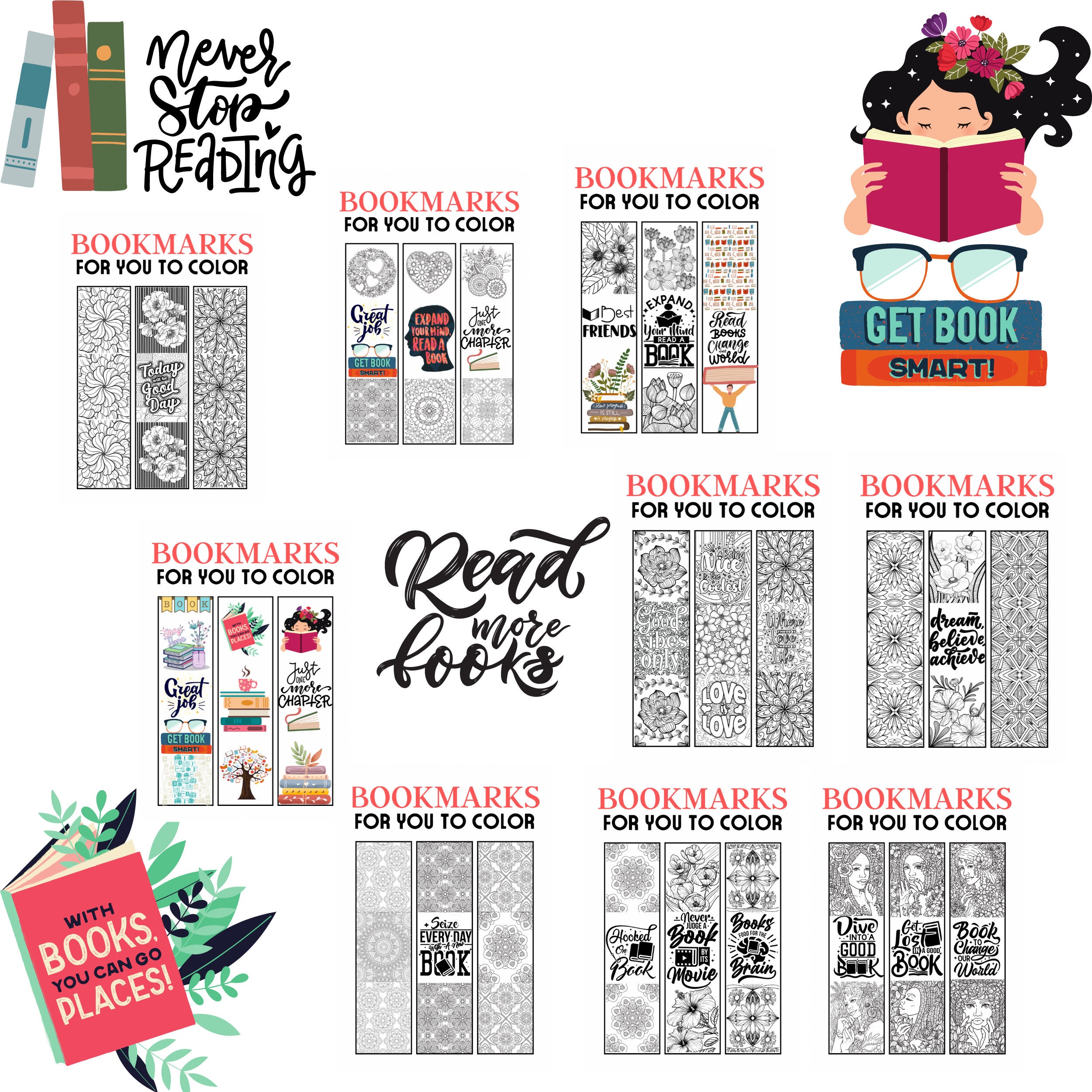 Printable Bookmarks Set of 27, Spring Coloring, Positive and ...