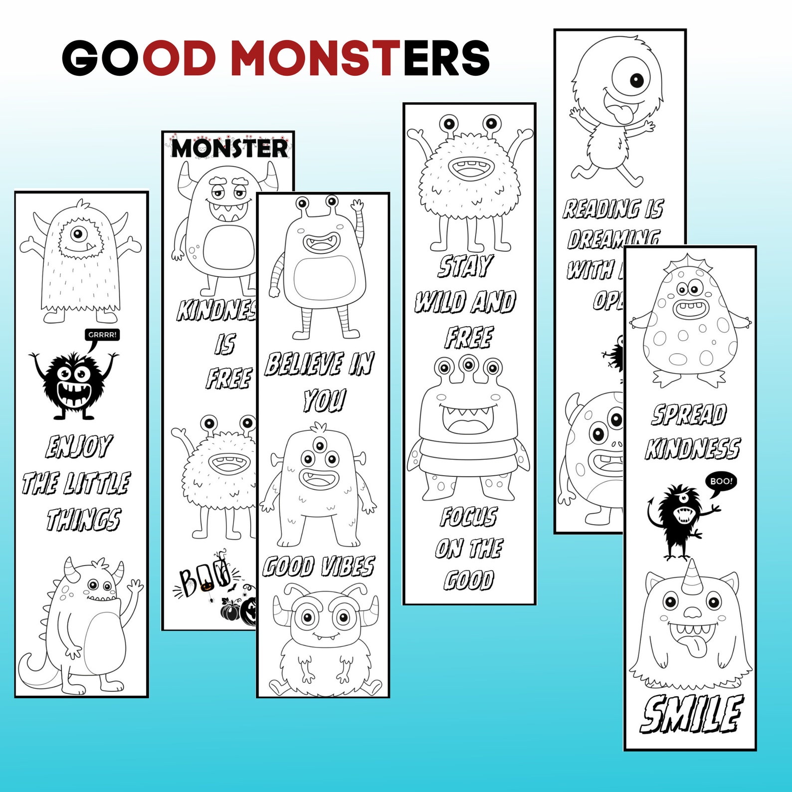 Printable Coloring Bookmarks, Affirmation Bookmarks, Monster Positive ...