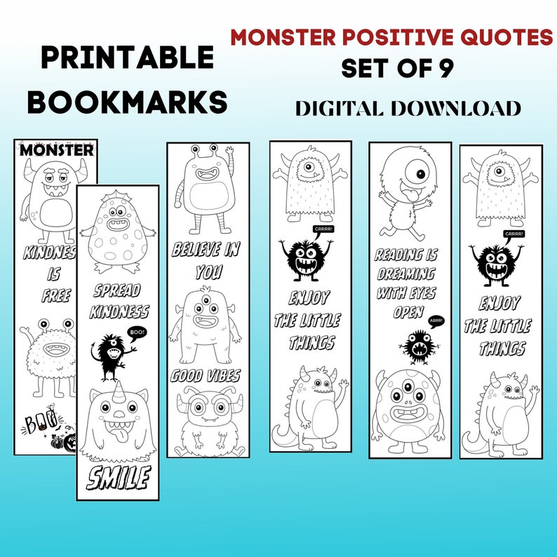 Printable Coloring Bookmarks, Affirmation Bookmarks, Monster Positive ...