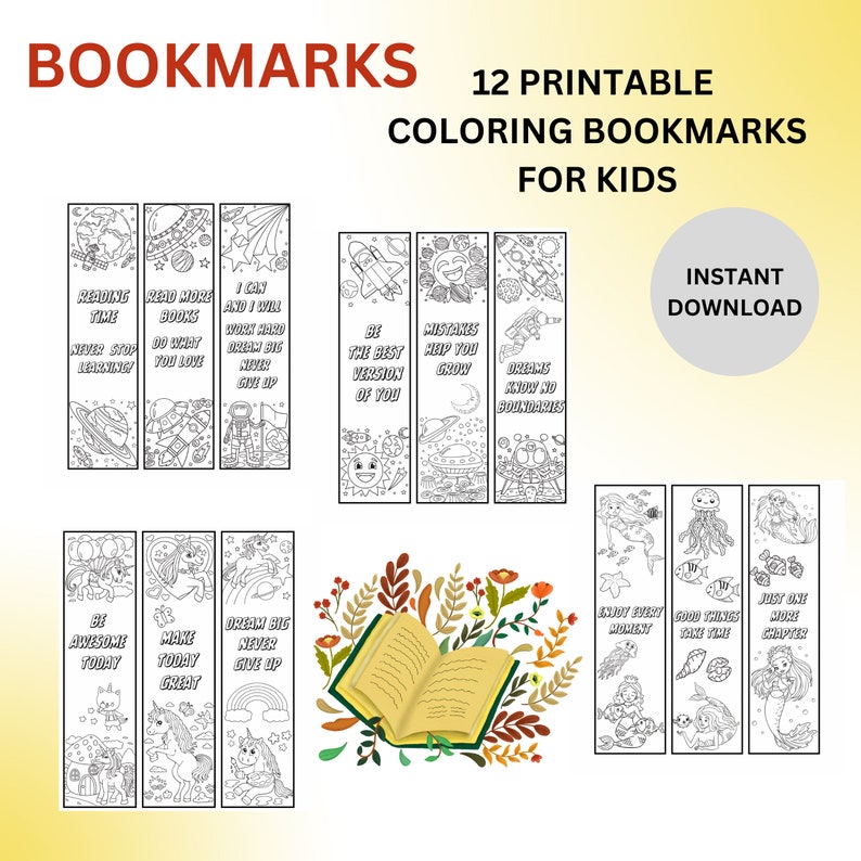 Coloring Printable Bookmarks Set of 12, Positive Quotes, Color Your Own ...