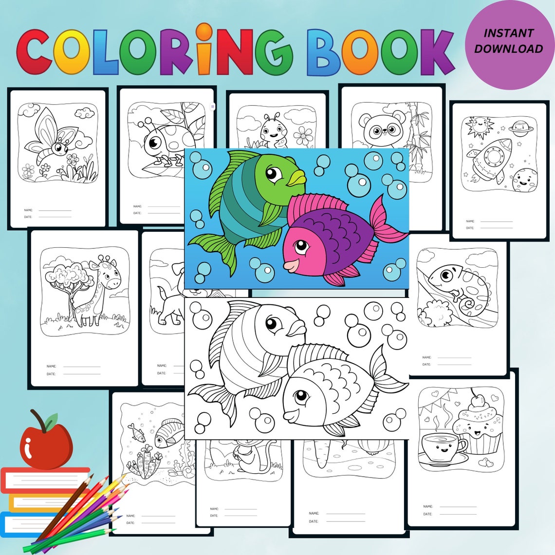 Printable Coloring Pages Set of 25, Coloring Book for Kids, School ...