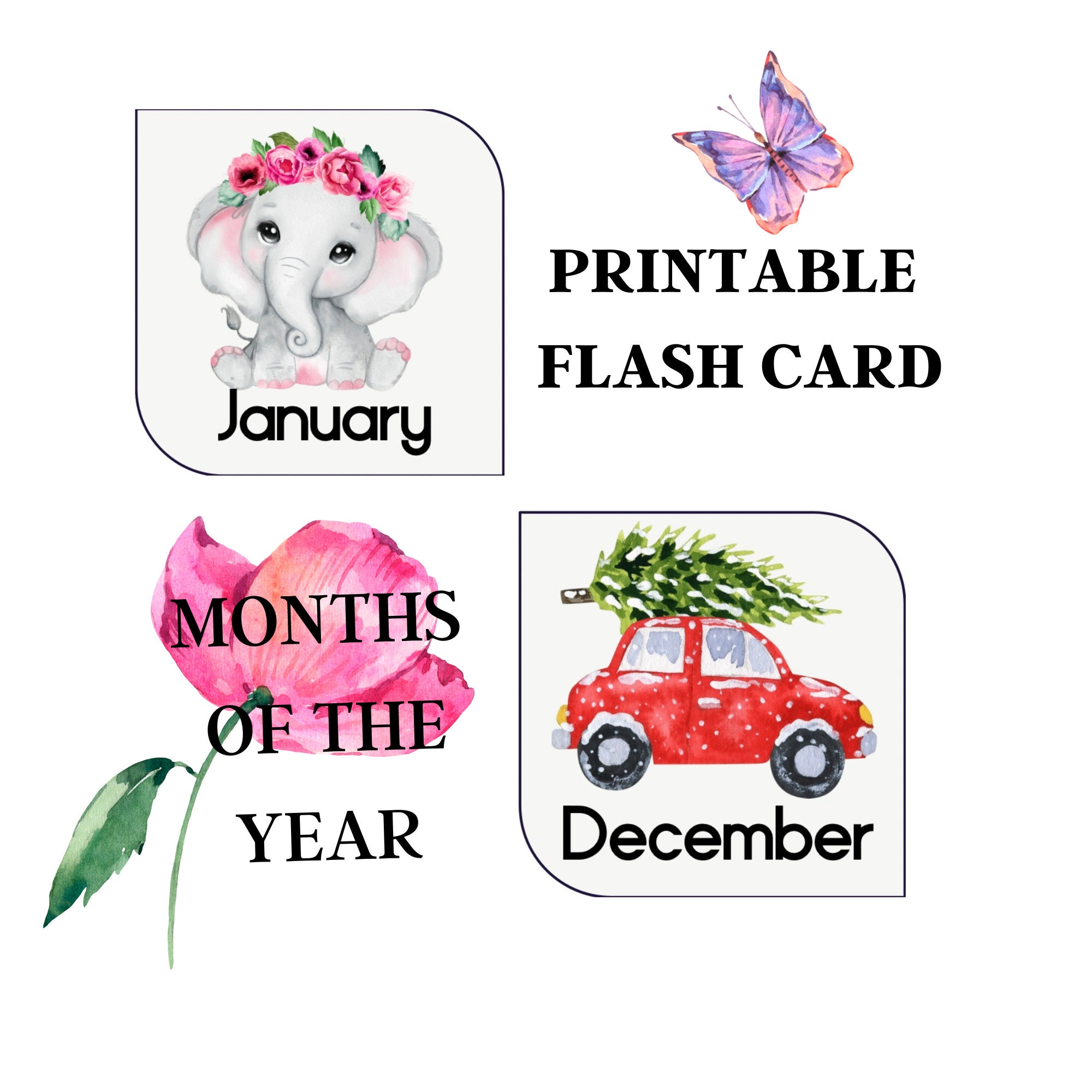 Months of the Year, Printable 12 Months Flash Cards, Kindergarten ...