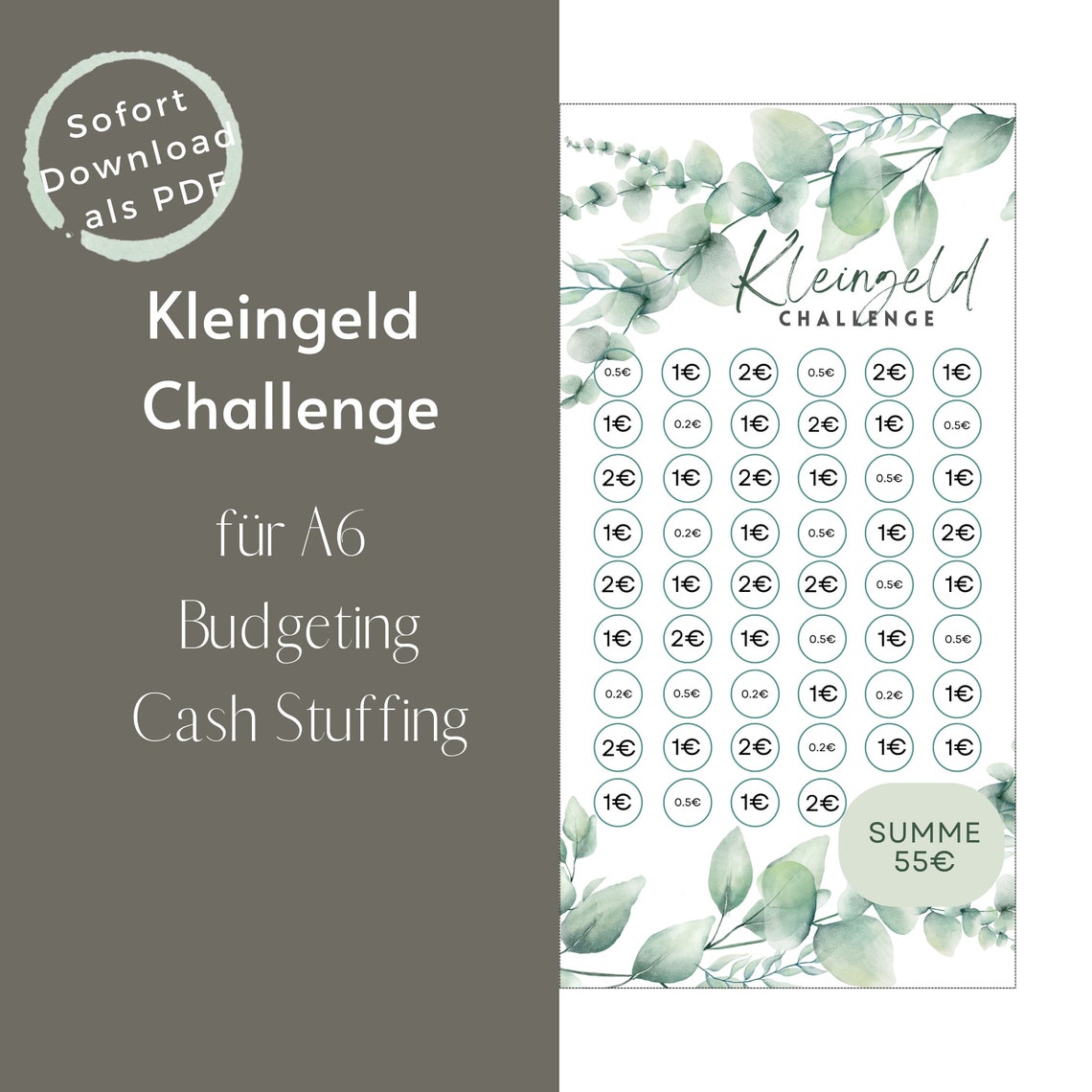 Kleingeld Challenge Sparchallenge Eucalyptus für Budget Planer Binder ...