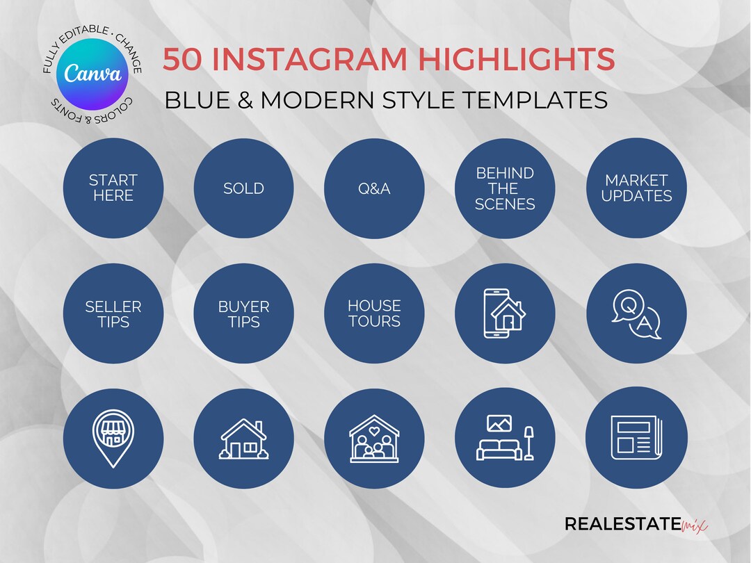 Blue IG Instagram Highlights Covers, Editable Real Estate Templates - Etsy