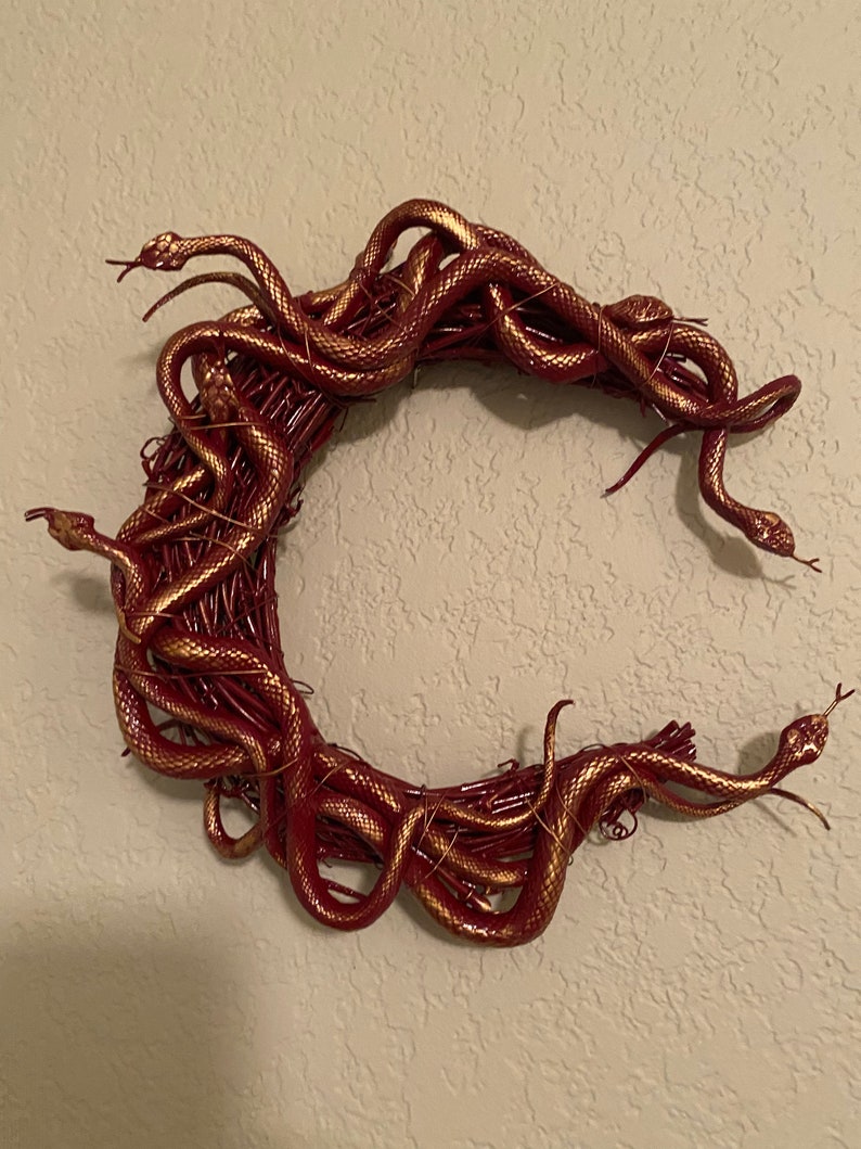 Gold & Red Snake Crescent Moon Wreath With Writing Serpents, Goth Style ...