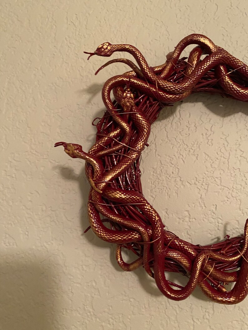 Gold & Red Snake Crescent Moon Wreath With Writing Serpents, Goth Style ...