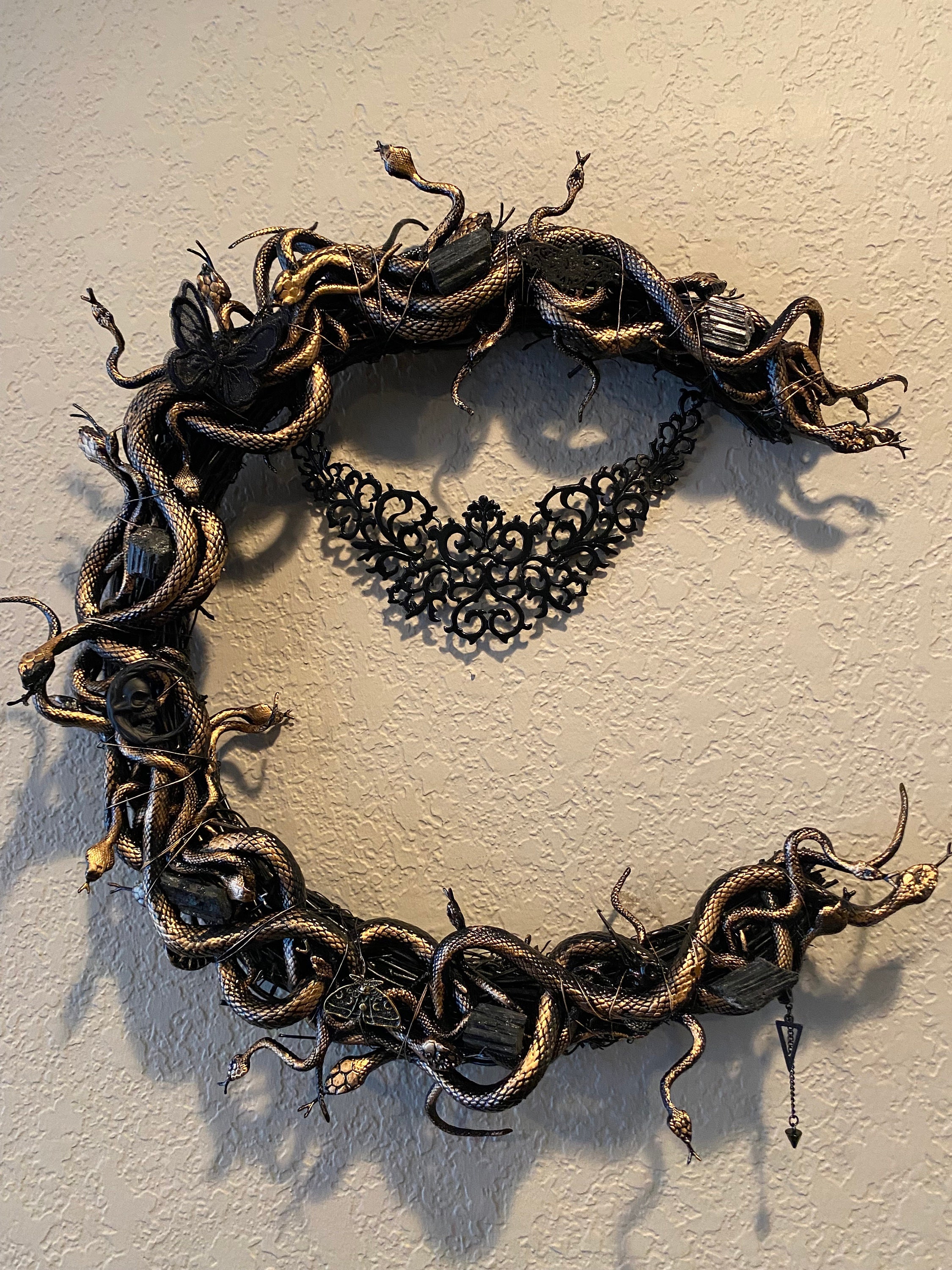 Charmed Gold & Black Snake Crescent Moon Wreath With Writing Serpents ...