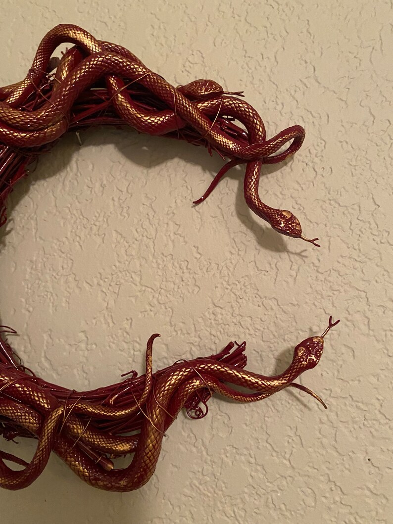 Gold & Red Snake Crescent Moon Wreath With Writing Serpents, Goth Style ...