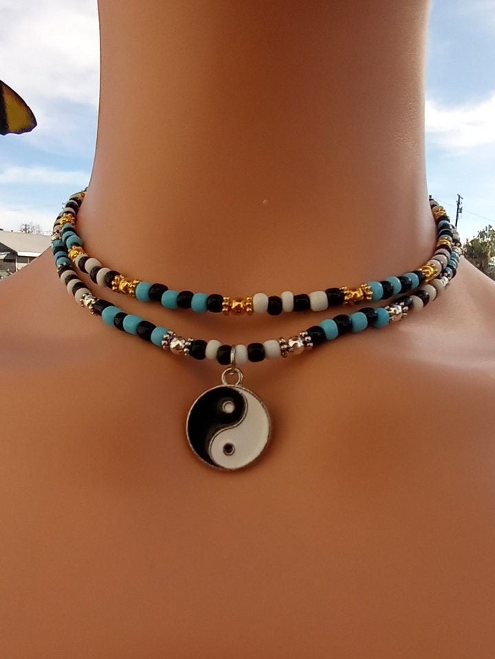 Y2K Yin Yang Layered Choker Necklace Blue and White Glass Sead Bead Yin ...