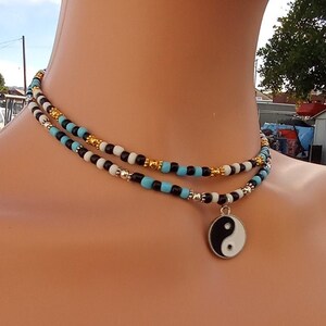 Y2K Yin Yang Layered Choker Necklace Blue and White Glass Sead Bead Yin ...