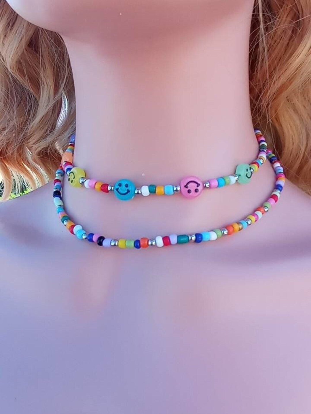Y2k Hippie Necklace Women Layer Smiley Face Necklace for Festival Jewelry for Summer Beach ...