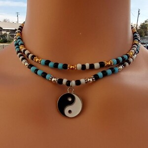 Y2K Yin Yang Layered Choker Necklace Blue and White Glass Sead Bead Yin ...